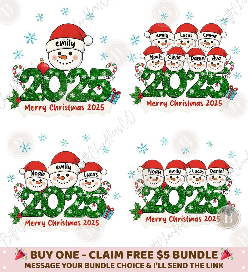 Custom Snowman 2025 Png Bundle, 6 PNG Family Christmas, Kid Name Png ...