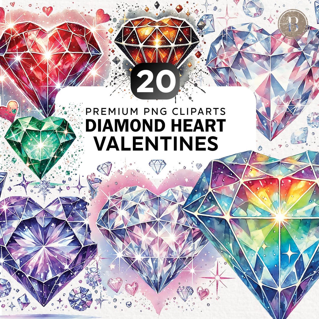 20 Watercolor Diamond Heart Clipart Bundle, Valentine Dianmond Png ...