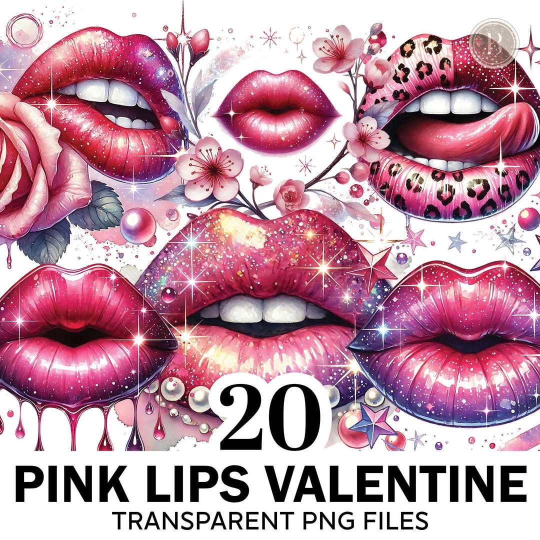Watercolor Pink Lips Clipart Bundle, 20 PNG Romantic Lips, Lips Glitter ...