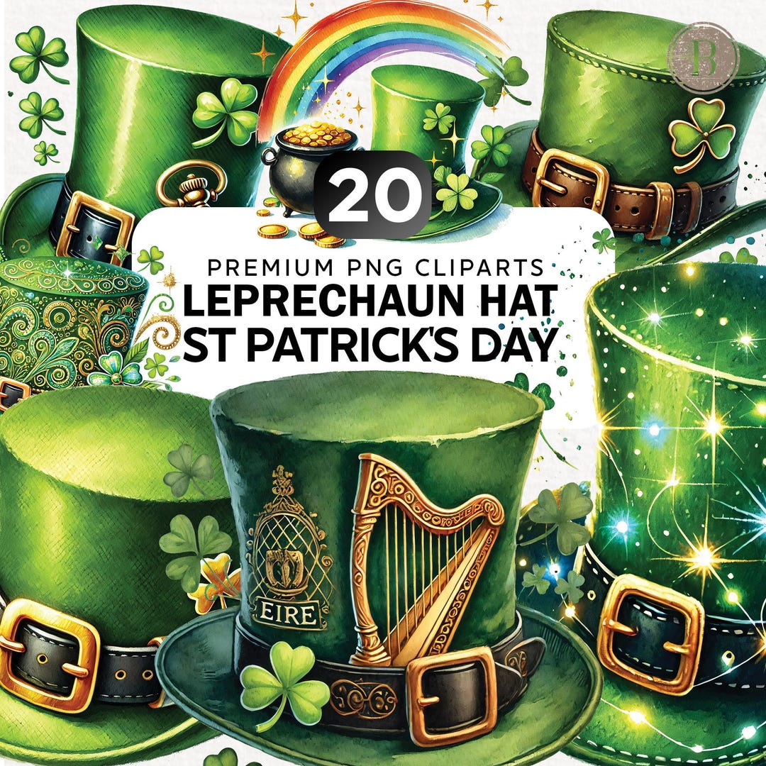 20 Watercolor Leprechaun Hat Clipart Bundle, Emerald Hat Png, Green Hat ...