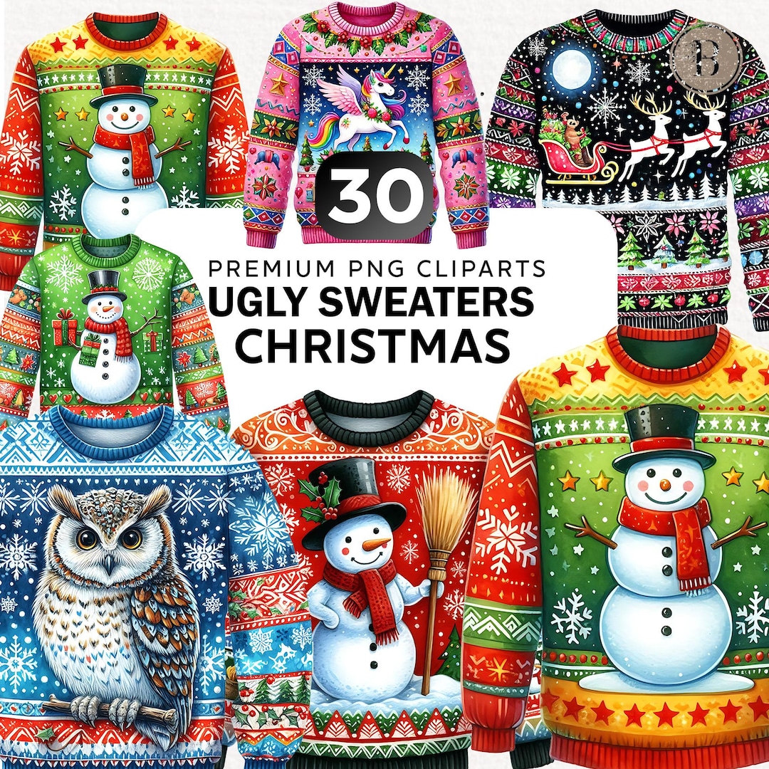 30 Watercolor Ugly Sweaters Christmas Bundle, Festive Sweater Clipart ...