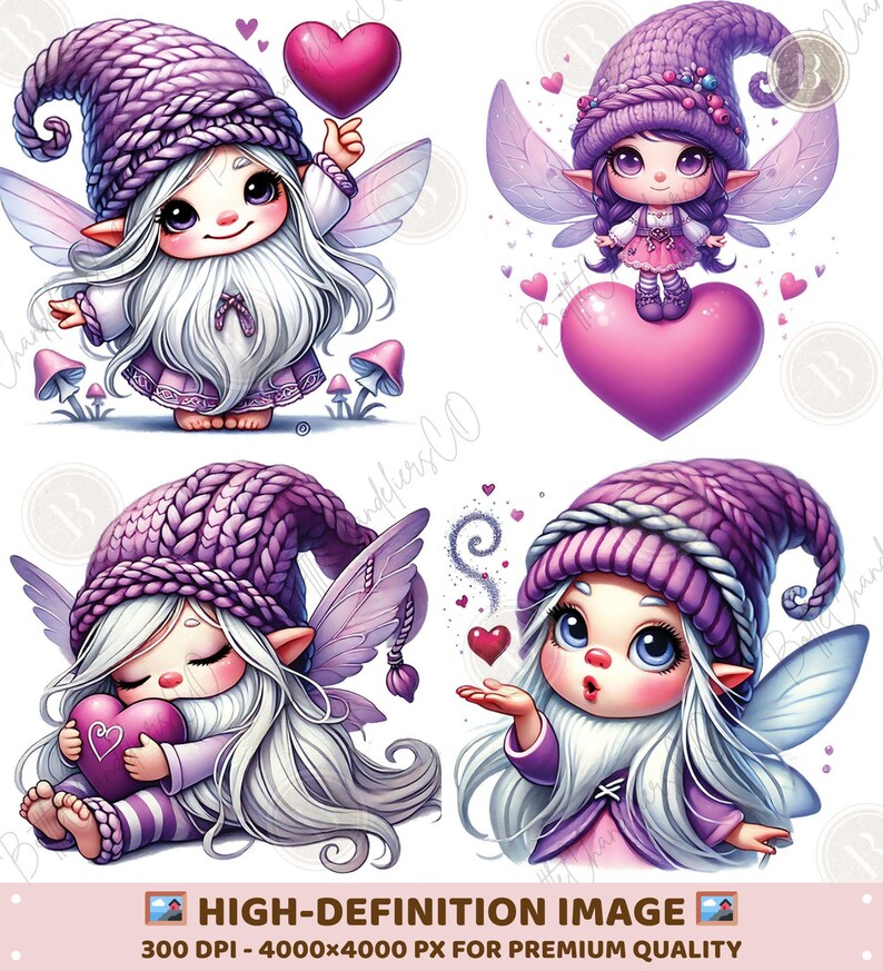 Valentines Purple Gnome Clipart Bundle, 20 PNG Watercolor Gnome, Gnome ...