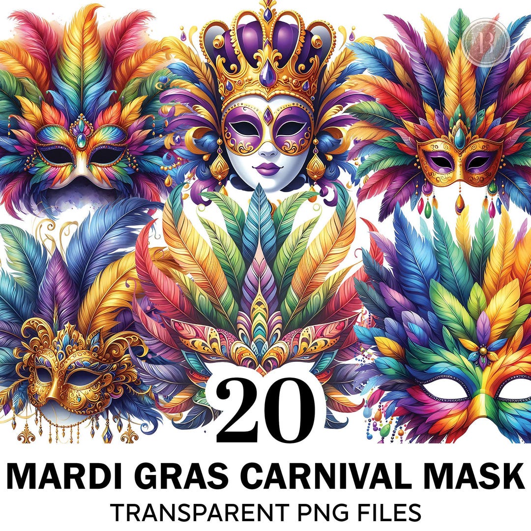 Watercolor Mardi Gras Mask Clipart Bundle, 20 PNG Masquerade Mask ...