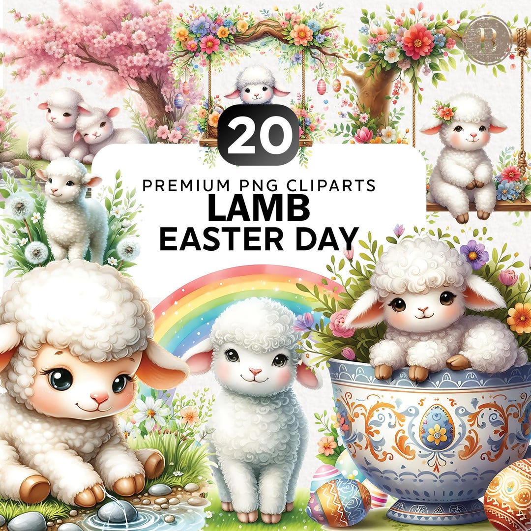 20 Watercolor Easter Lamb Clipart PNG Bundle, Sheep Flower Easter ...