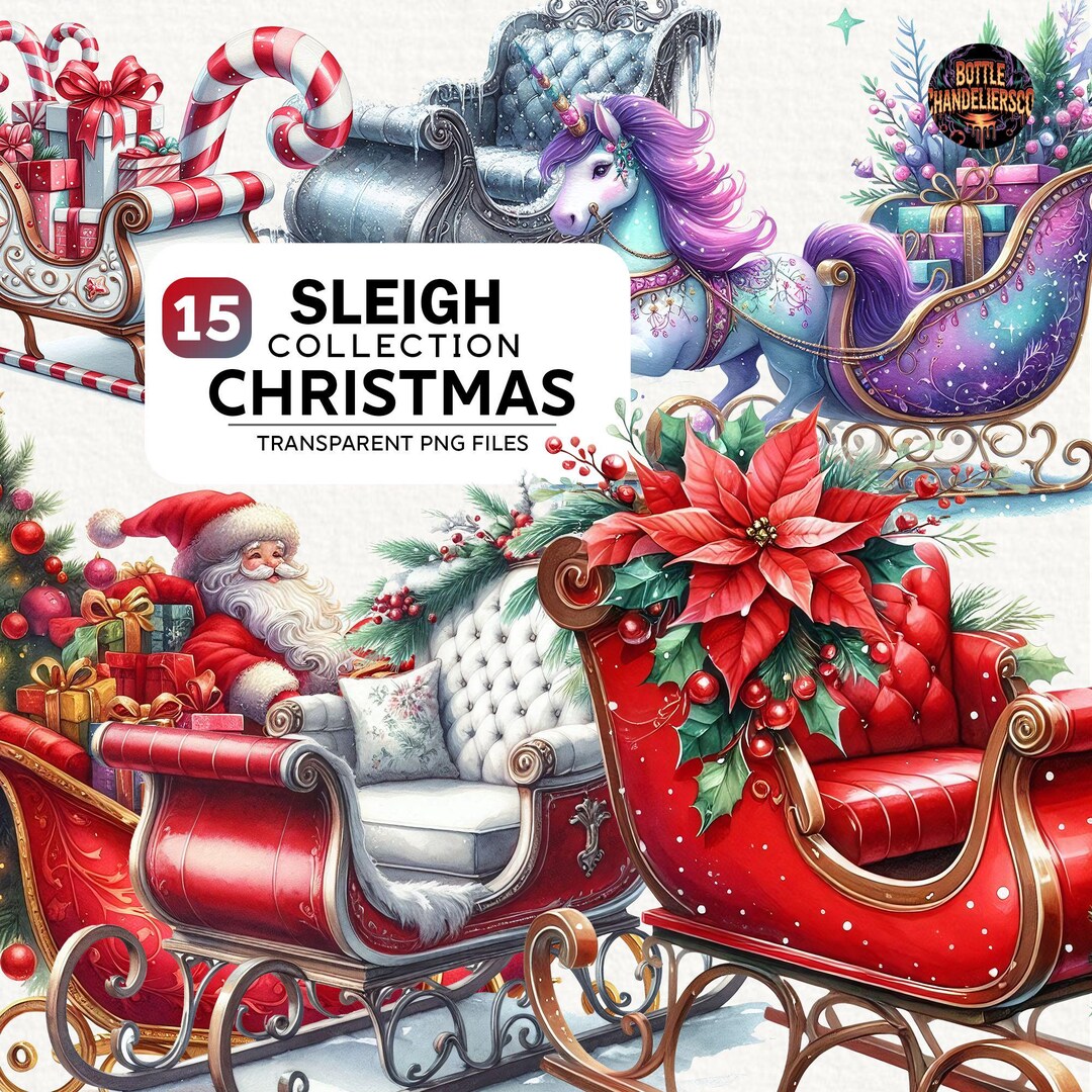 15+ Watercolor Christmas Sleigh Clipart Bundle, Christmas Bundle Png ...