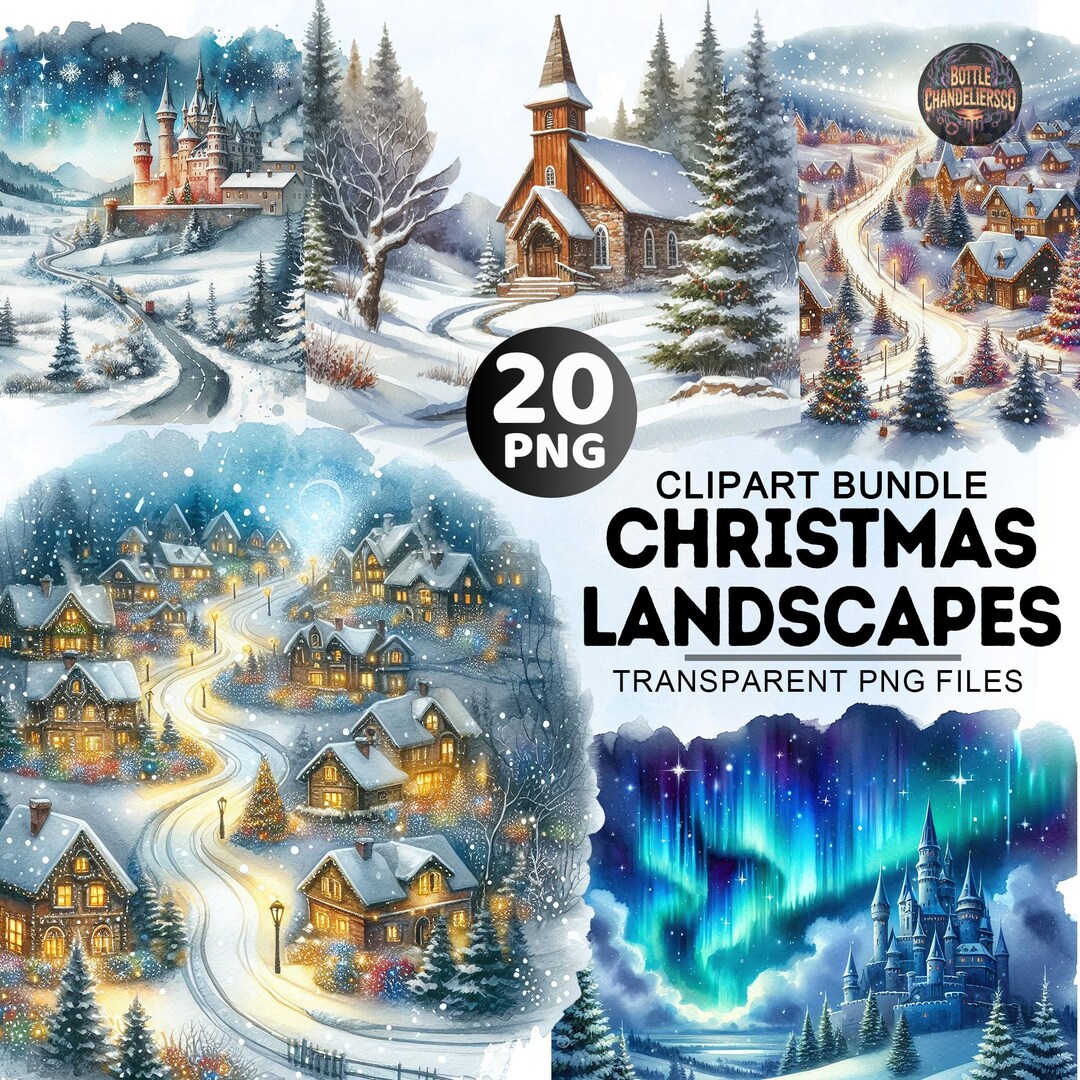 20+ Festive Landscape Clipart Bundle, Watercolor Christmas Landscapes ...