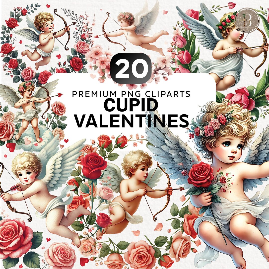 20 Watercolor Valentines Cupid Clipart Bundle, Retro Floral Cupid Png ...