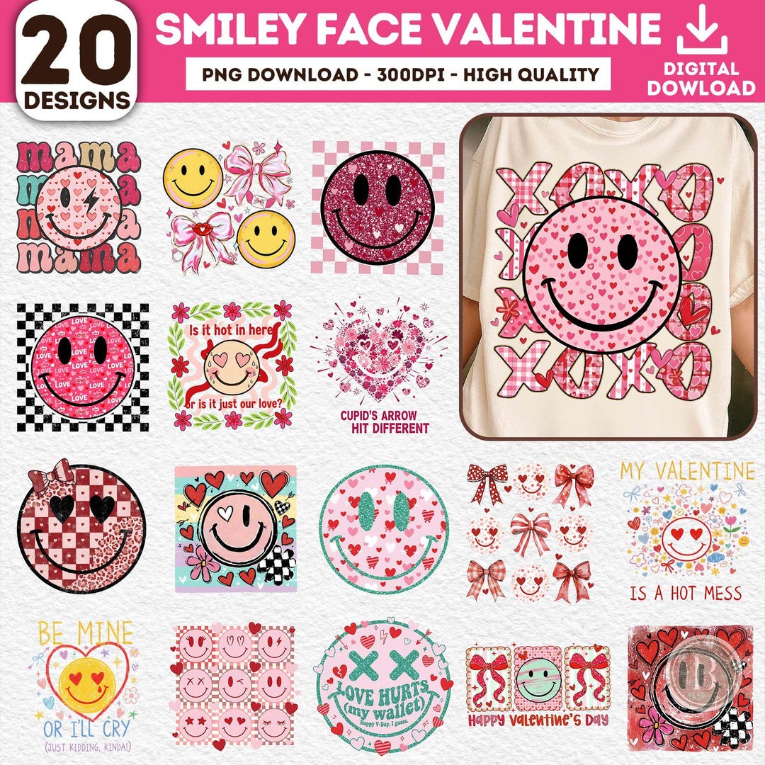 Smiley Face Valentine Png Bundle, 20 PNG Coquette Bow, Valentines Day ...