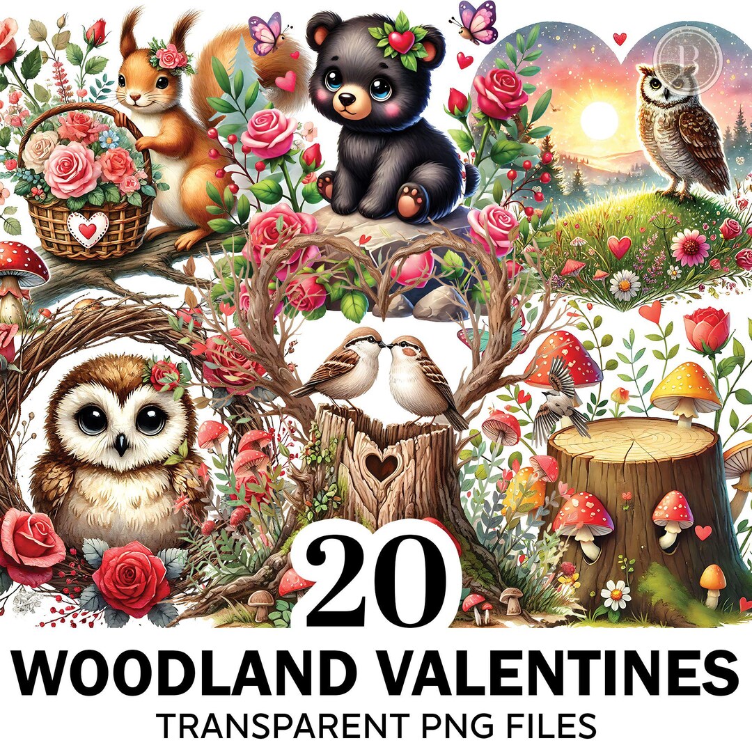Watercolor Woodland Clipart Bundle, 20 PNG Cute Animals, Valentine ...