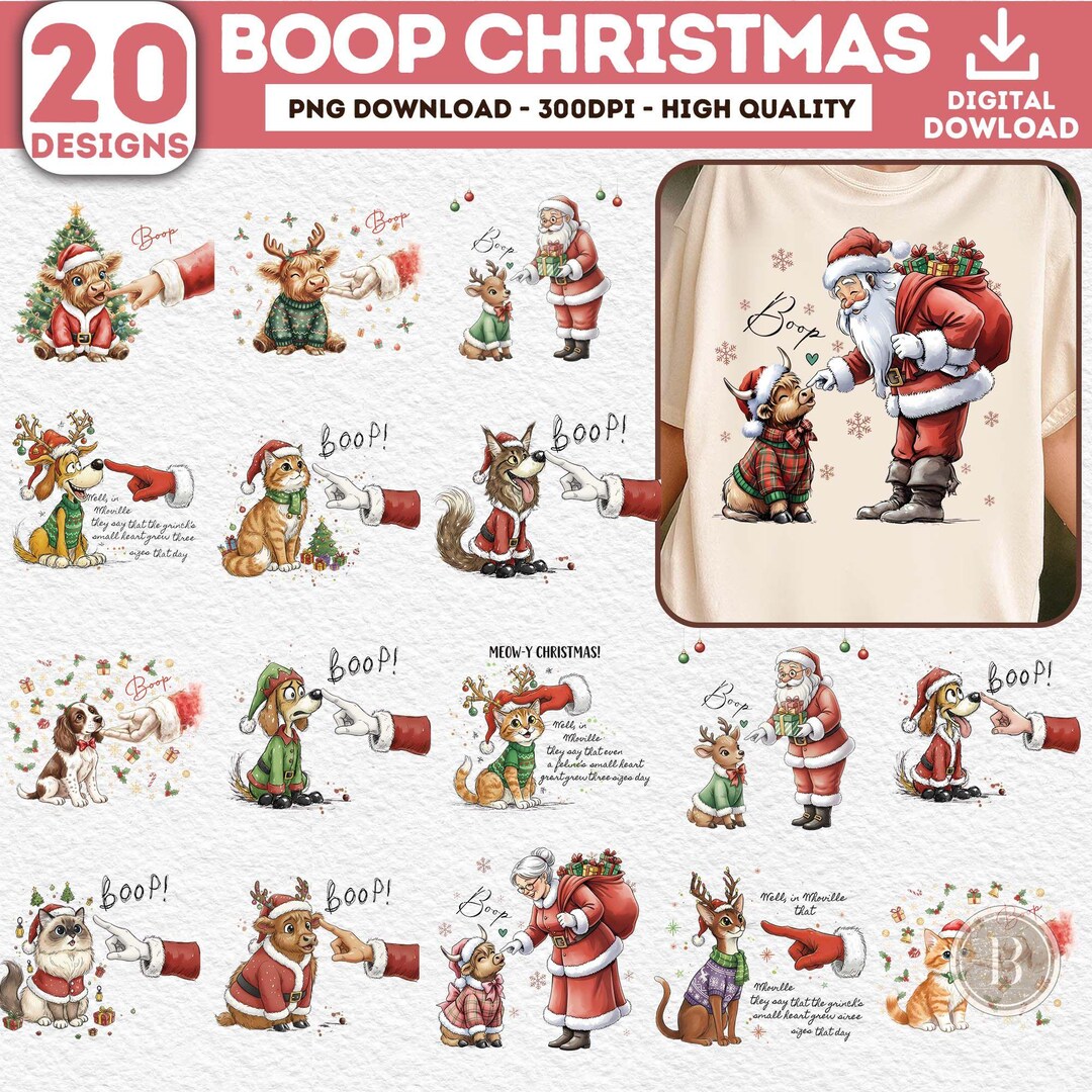 Boop Christmas Png Bundle, 20 PNG Boop That Nose, Highland Cow Reindeer ...