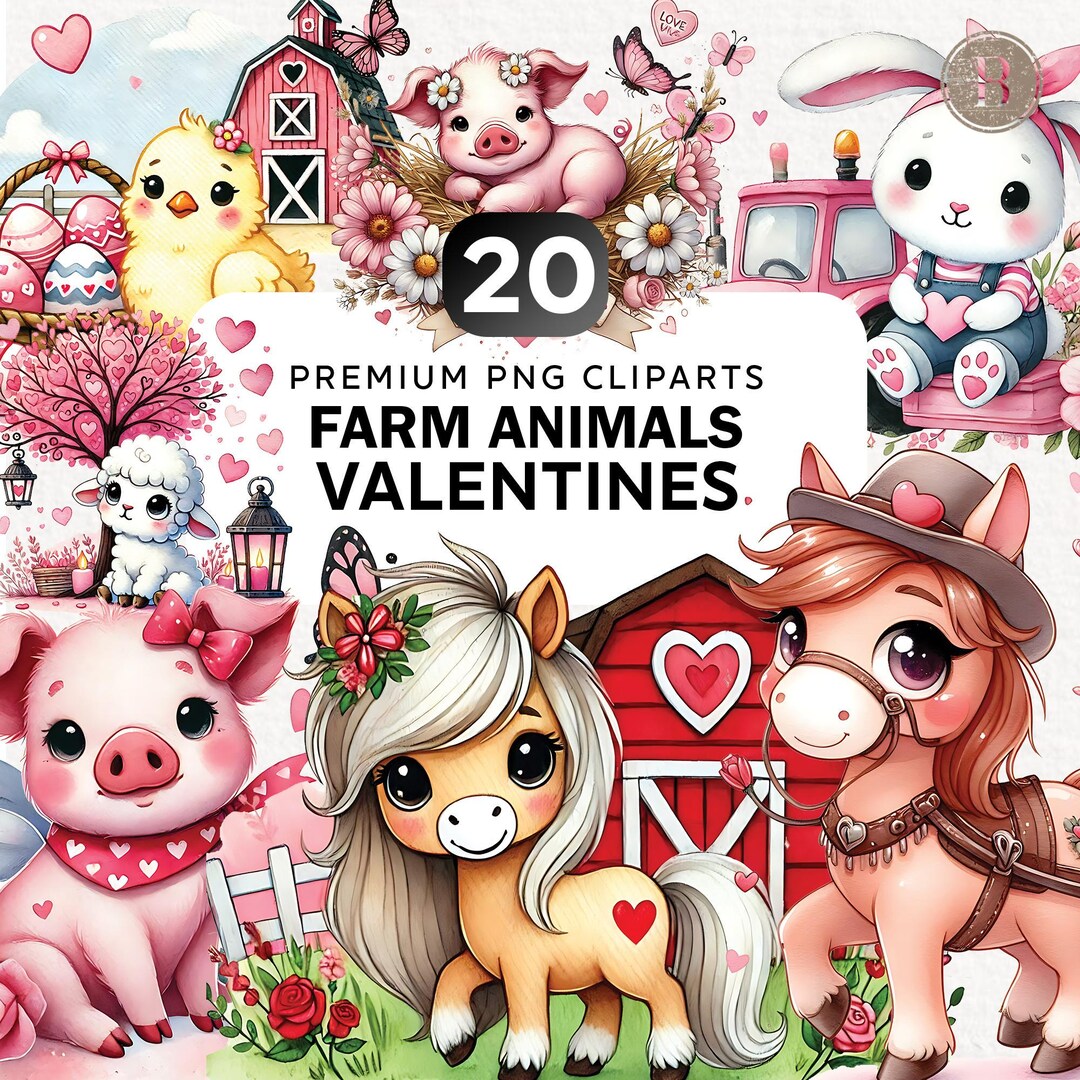 20 Watercolor Valentines Farm Animals Clipart Bundle, Farm Animal Png ...
