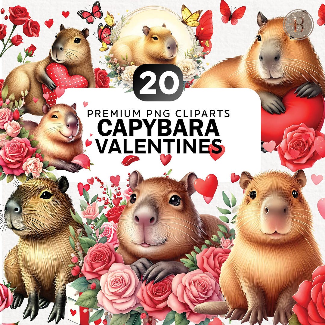 20 Watercolor Capybara Valentines Clipart Bundle, Valentines Capybara ...