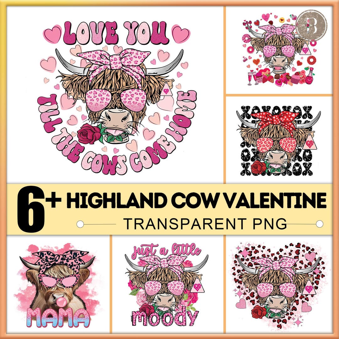 6 Highland Cow Valentine Png Bundle, Love Cow Valentines Day Png ...