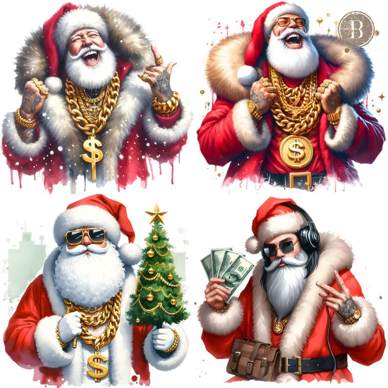 20 Watercolor Rapper Santa Bundle, Christmas Hip Hop Clipart Png ...