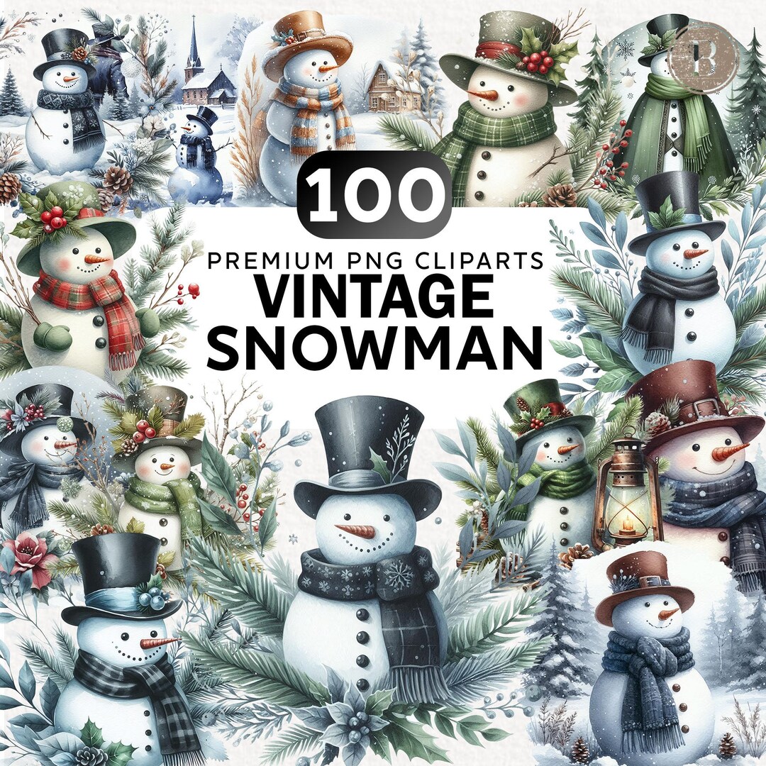 100 Watercolor Vintage Snowman Bundle, Christmas Snowmen Clipart Png ...