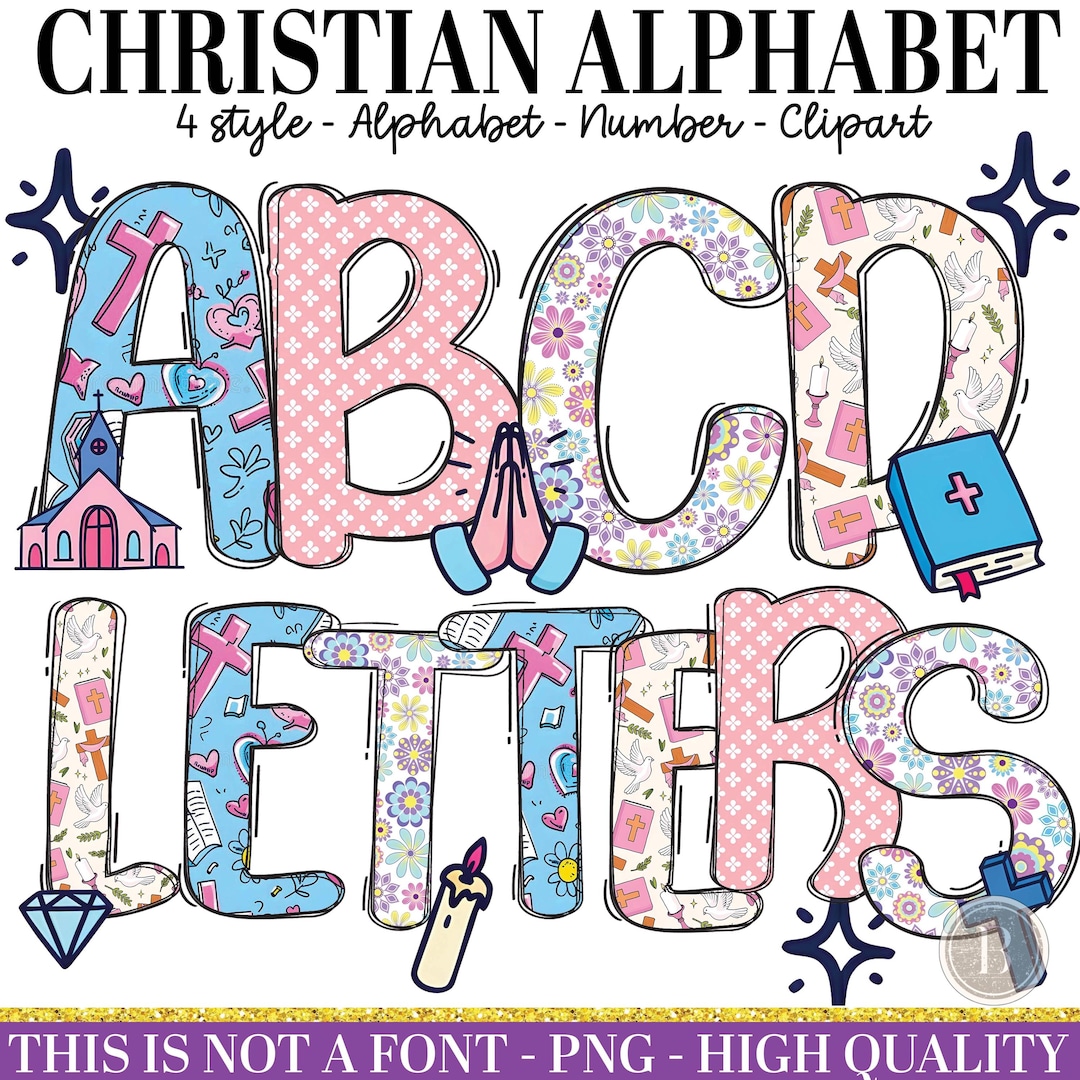 Christian Alphabet Png Bundle, 4 PNG Blessed Jesus, Christian Letters ...