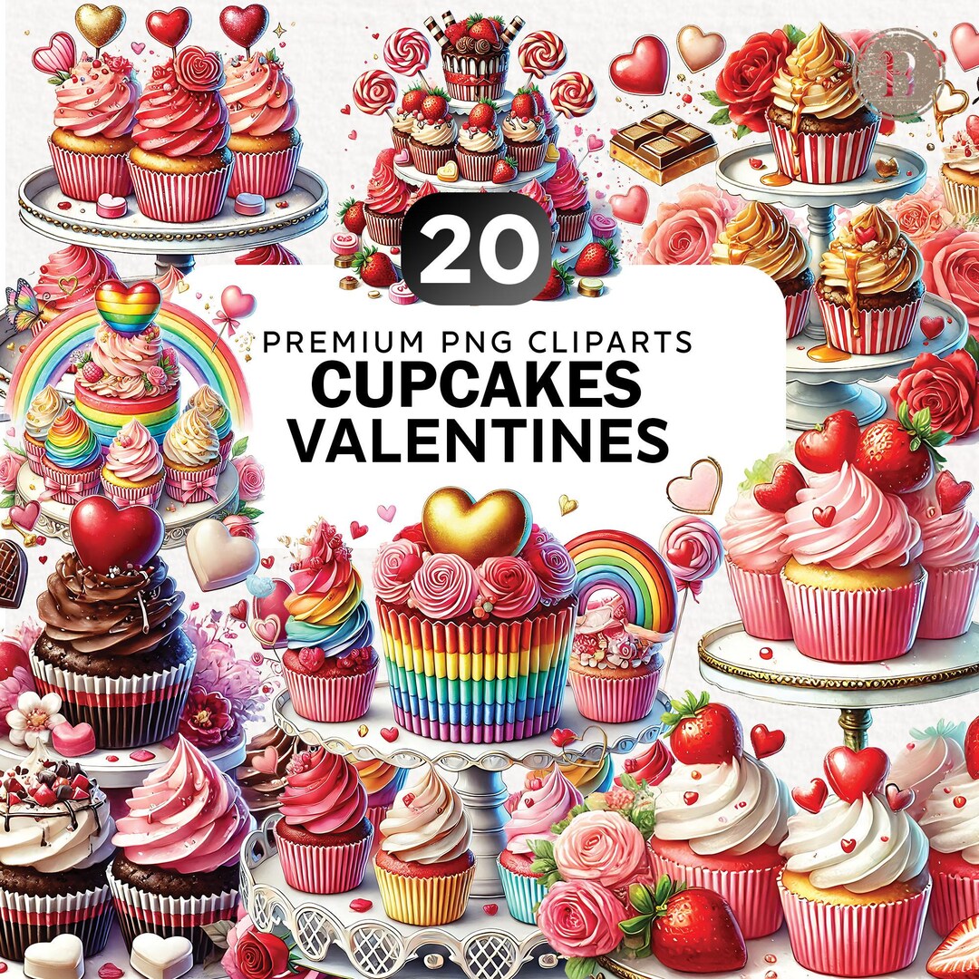 20 Watercolor Valentines Cupcakes Clipart Bundle, Valentines Cupcake ...