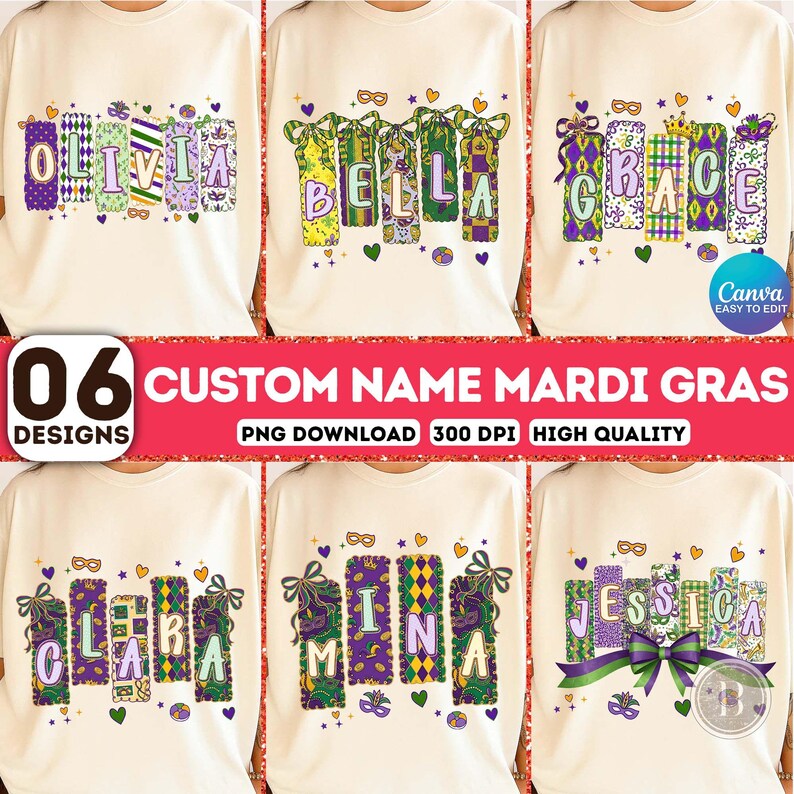 Custom Name Canva Template, 6 PNG Kids Name Festival, Mardi Gras 2026 ...