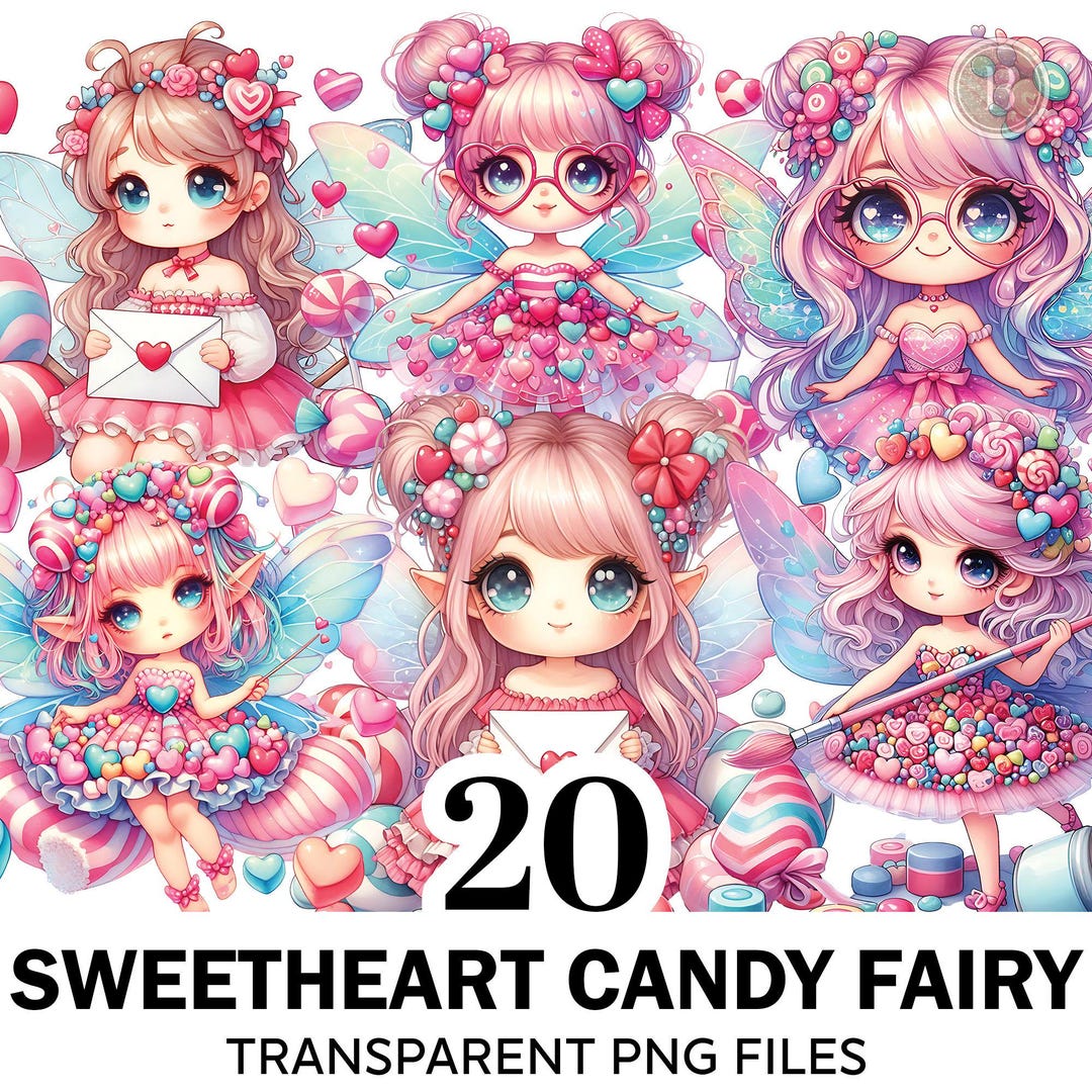 Watercolor Sweetheart Fairy Clipart Bundle, 20 PNG Candy Fairy, Chibi ...
