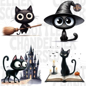 Watercolor Halloween Clipart Bundle, 20 PNG Black Kittens, Black Cat ...