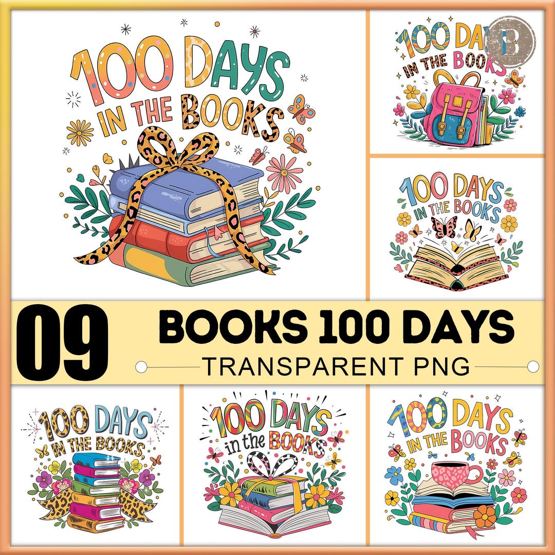 10 100 Days in the Books Clipart Bundle, 100 Days Books Png, Retro Back ...