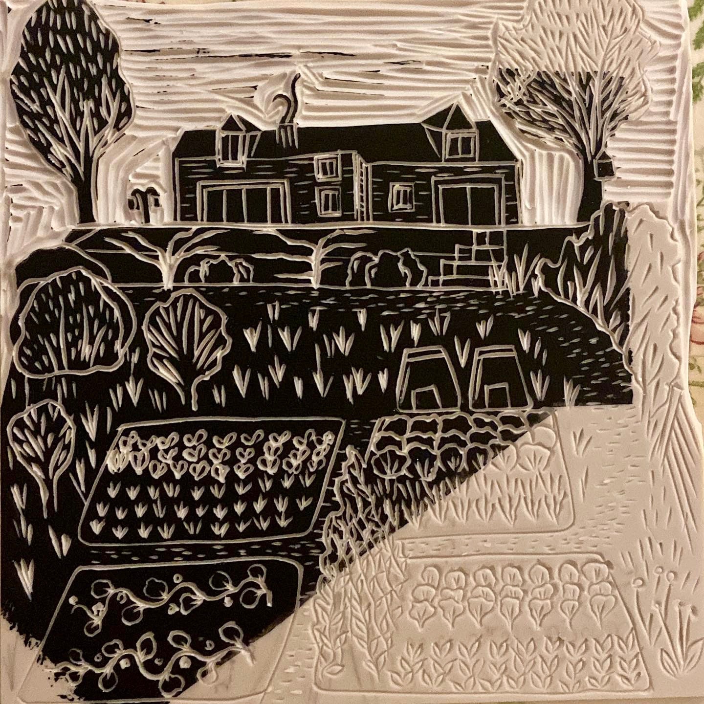 Garden Lino Print Square Black Ink Cottage Country Scenes - Etsy