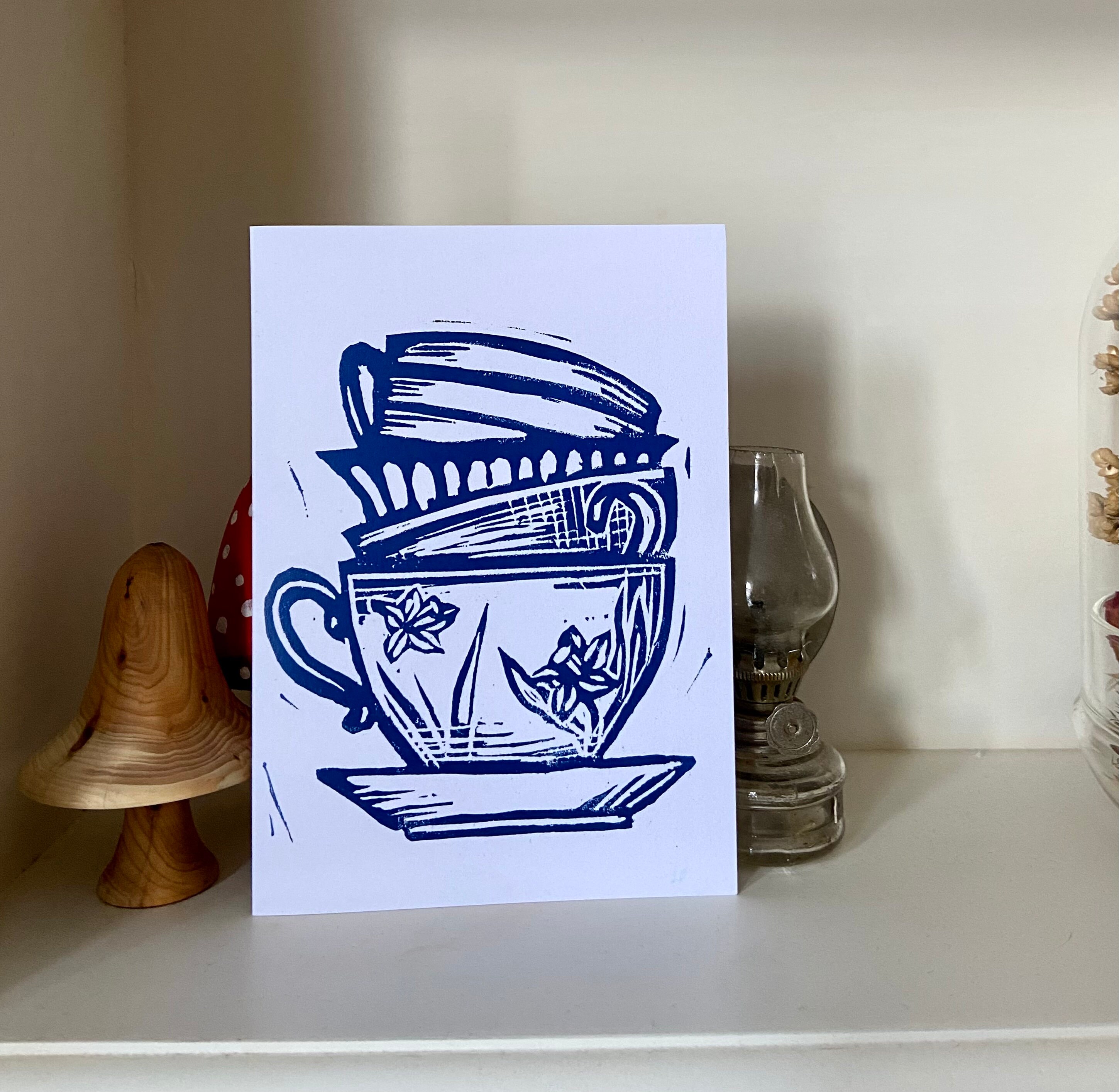 Stack of Teacups / Lino Print / A6 Card - Etsy