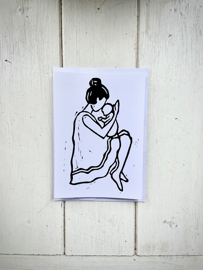 Mother and Baby Linocut/lino Print / A6 Card - Etsy