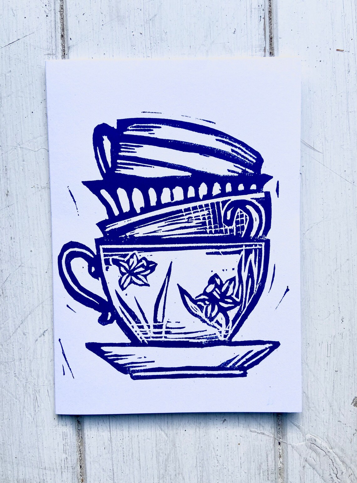 Stack of Teacups / Lino Print / A6 Card - Etsy