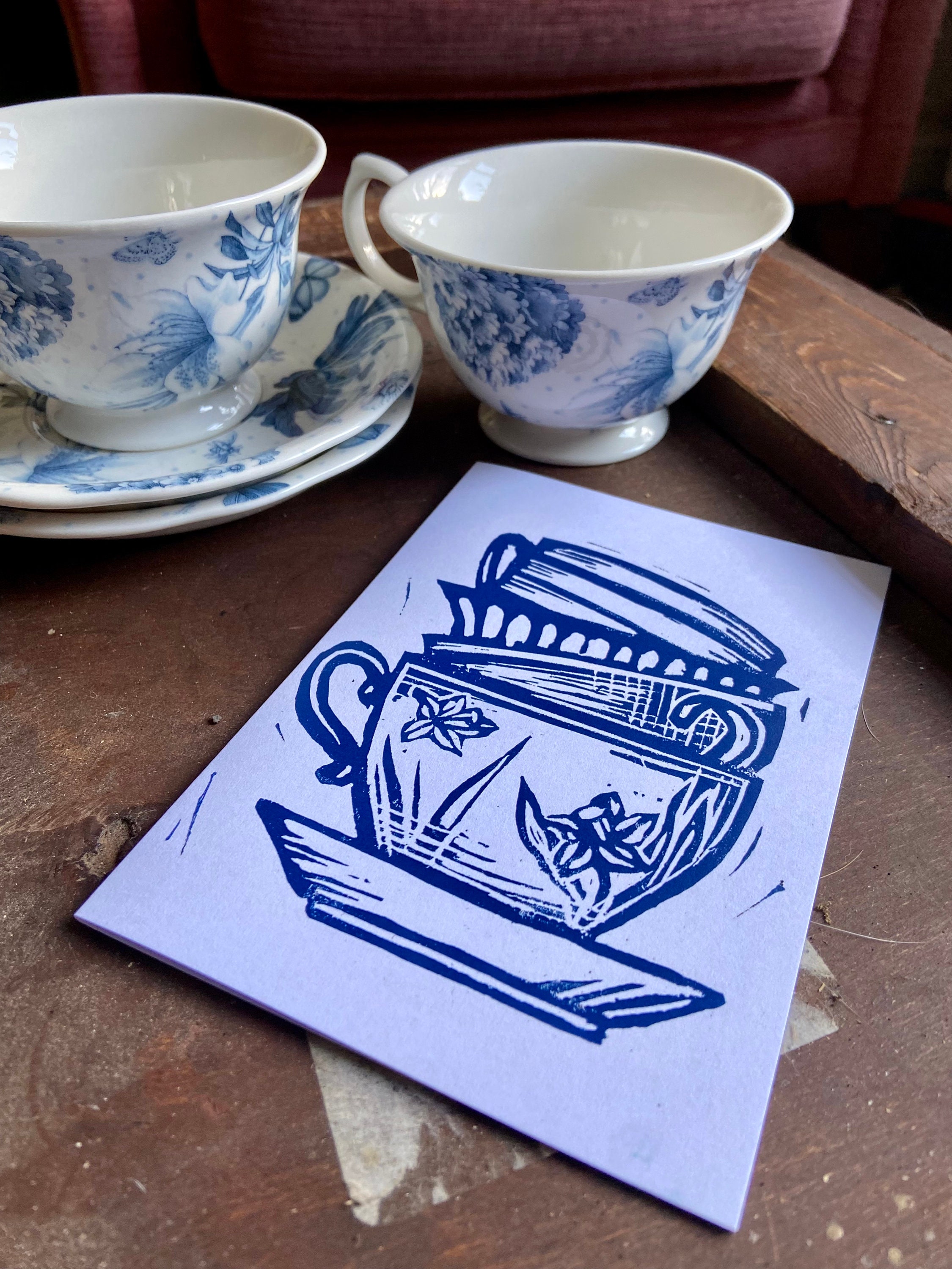 Stack of Teacups / Lino Print / A6 Card - Etsy