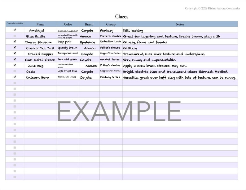 Glaze Organizational Spreadsheet for Potters Studio - Etsy