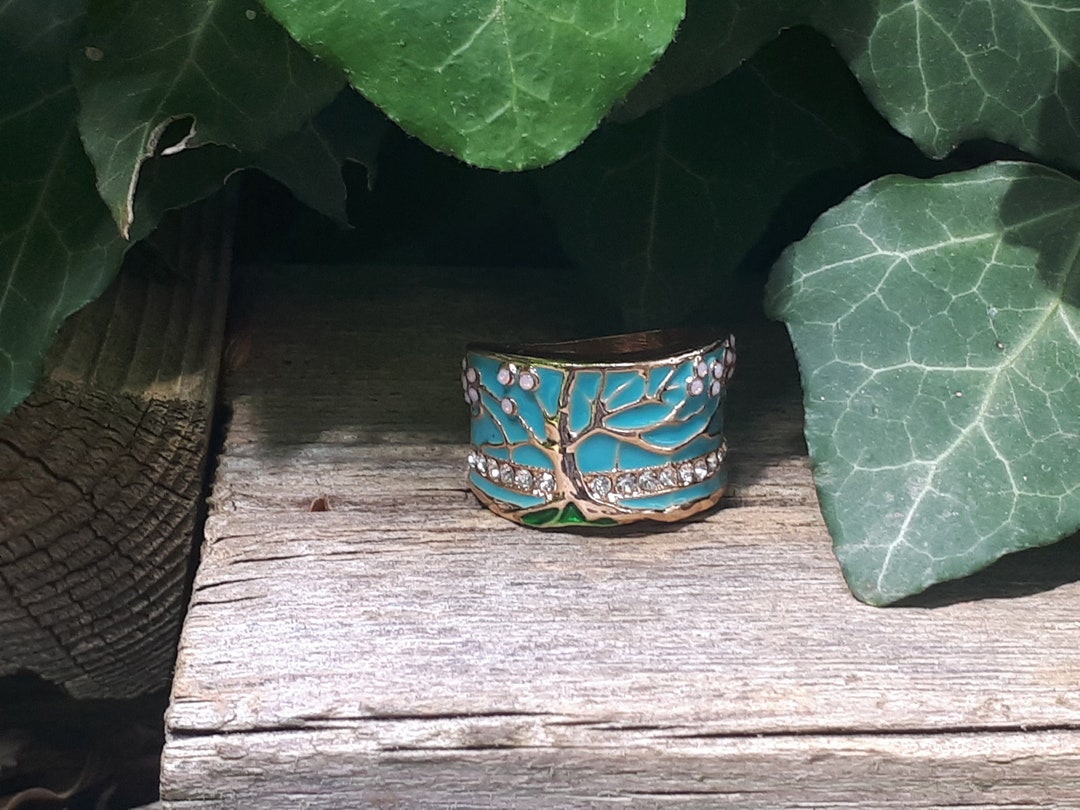 Gold Enamel Tree of Life Ring - Pink Opal, Crystal - Statement Ring - Etsy