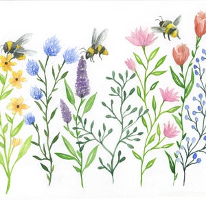 Wildflowers and Bees Watercolor Print, Botanical Illustration - Etsy