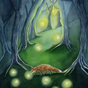 Enchanted Fox and Fallen Stars Watercolor Painting, Whimsical Woodland ...