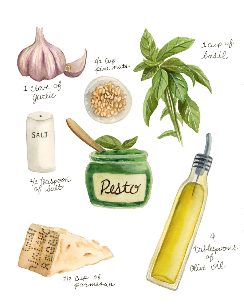 Pesto Recipe Watercolor Print, Food Illustration, Italian Art - Etsy