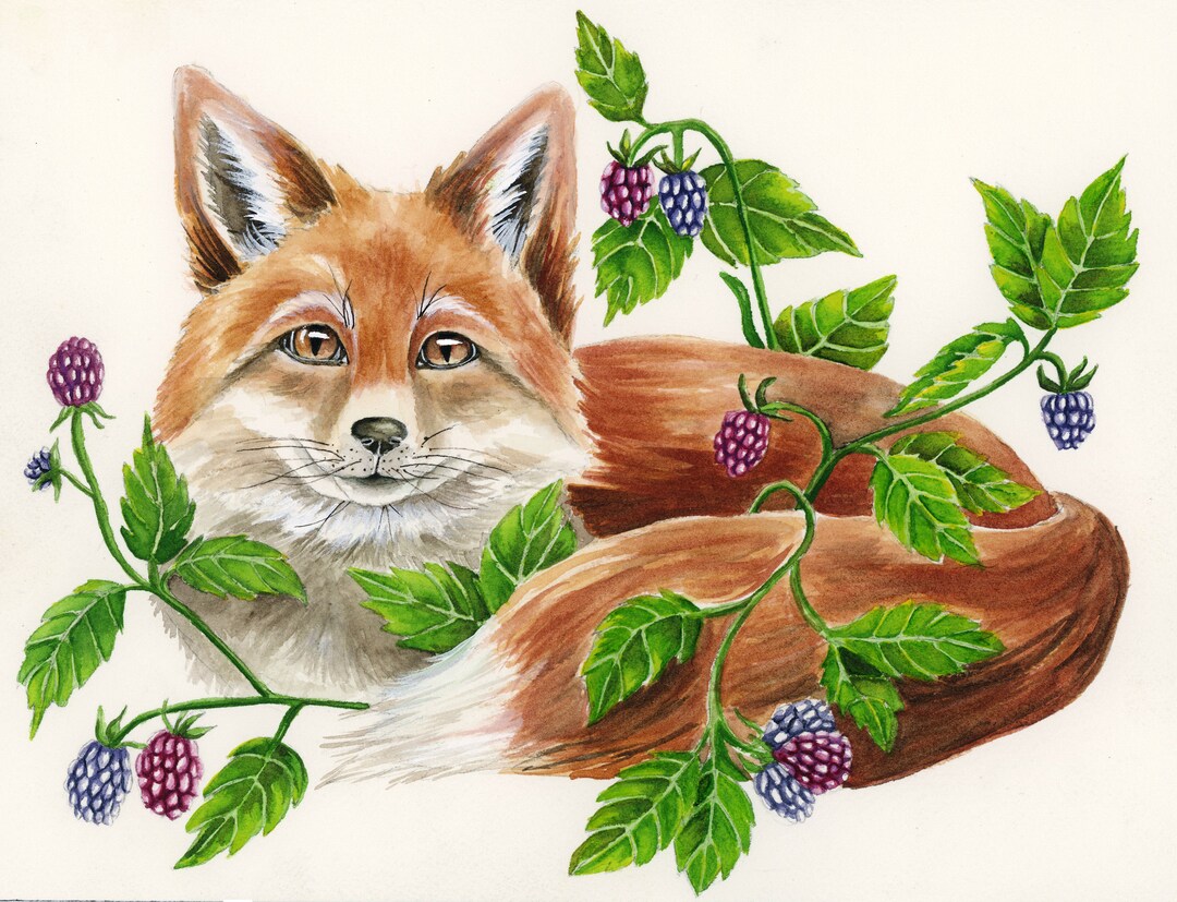 Red Fox in Wild Raspberries Print Watercolor Painting, Woodland Animal ...