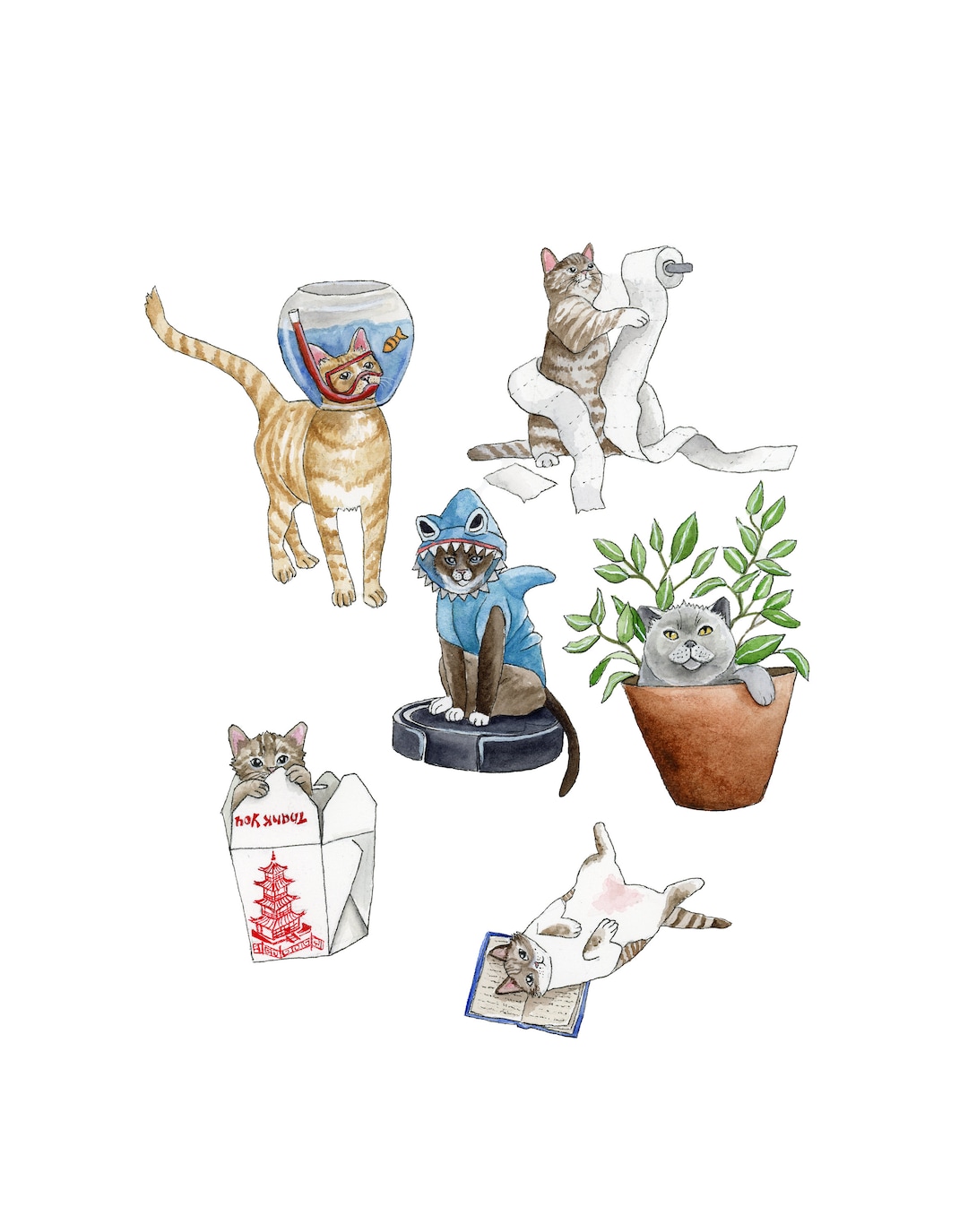 Cute Cat Watercolor Illustration, Cat Wall Decor, Funny Cat Artwork - Etsy