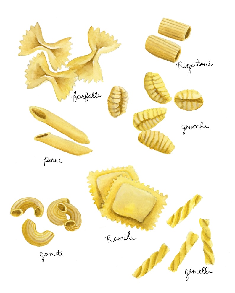 Pasta Illustration Print, Watercolor Painting, Kitchen Wall Art ...