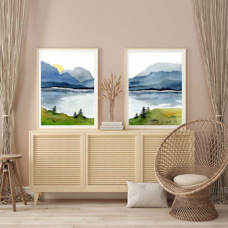 Watercolor Mountain Landscape Prints, Nature Wall Art, Set of 2 - Etsy