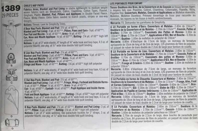 Simplicity 1389 Child's Nap Packs Roll up Fleece Blanket, Animal Pillow ...