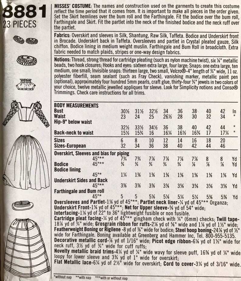 Simplicity 8881 Misses' Costume Pattern Elizabethan Dress - Etsy