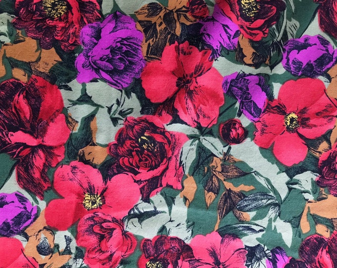 Large Scale Floral Print Fabric, Red, Fuchsia, Golden and Green, by the ...