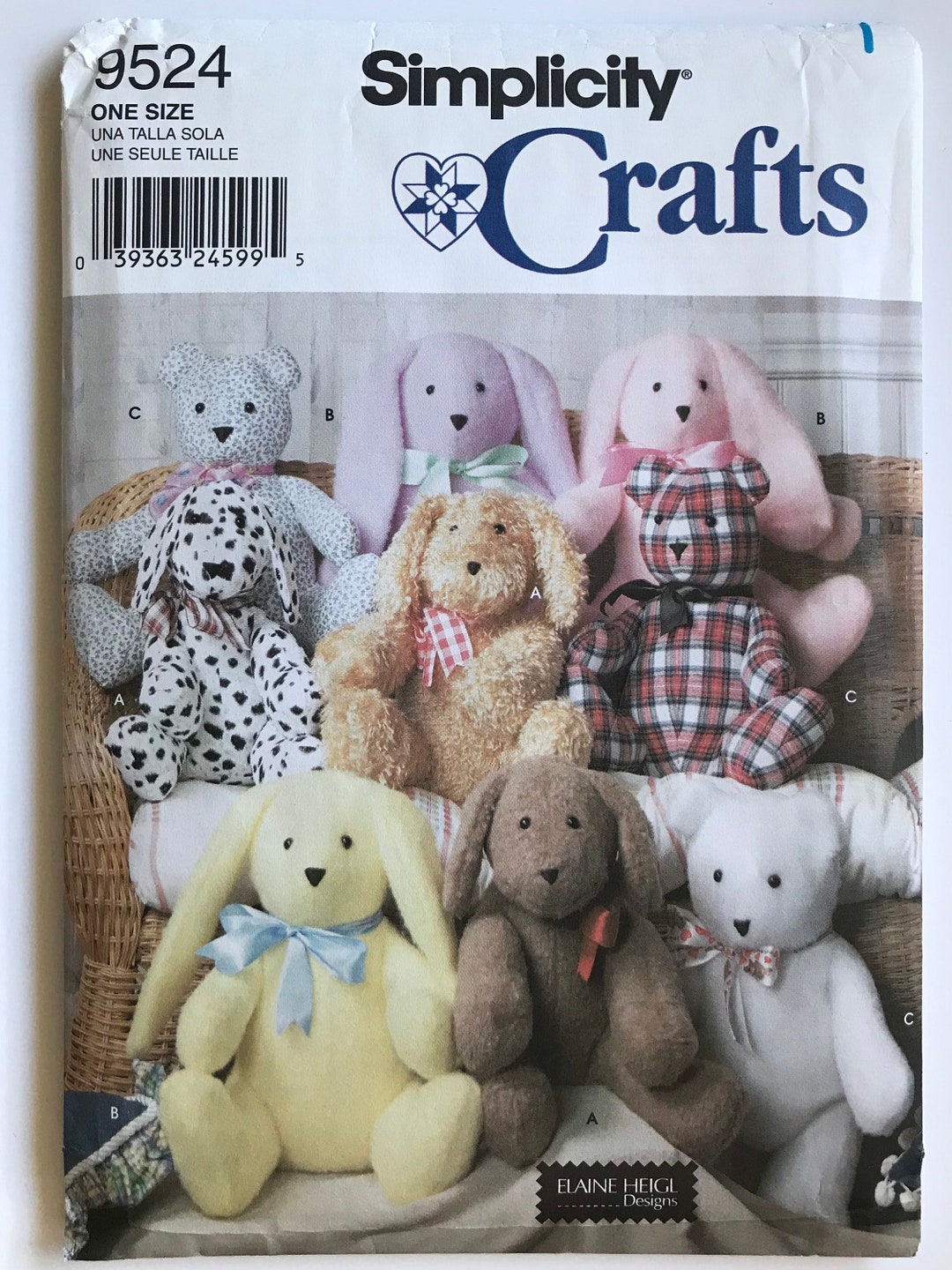Simplicity 9524 Dog, Rabbit, Bear 14" Stuffed Animals by Elaine Heigl ...