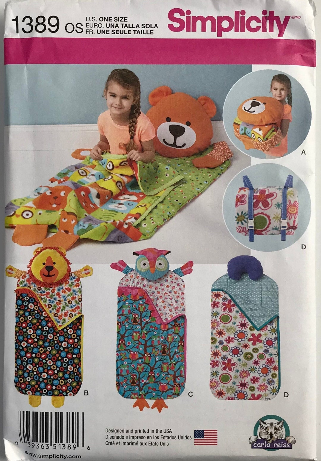 Simplicity 1389 Child's Nap Packs Roll up Fleece Blanket, Animal Pillow ...