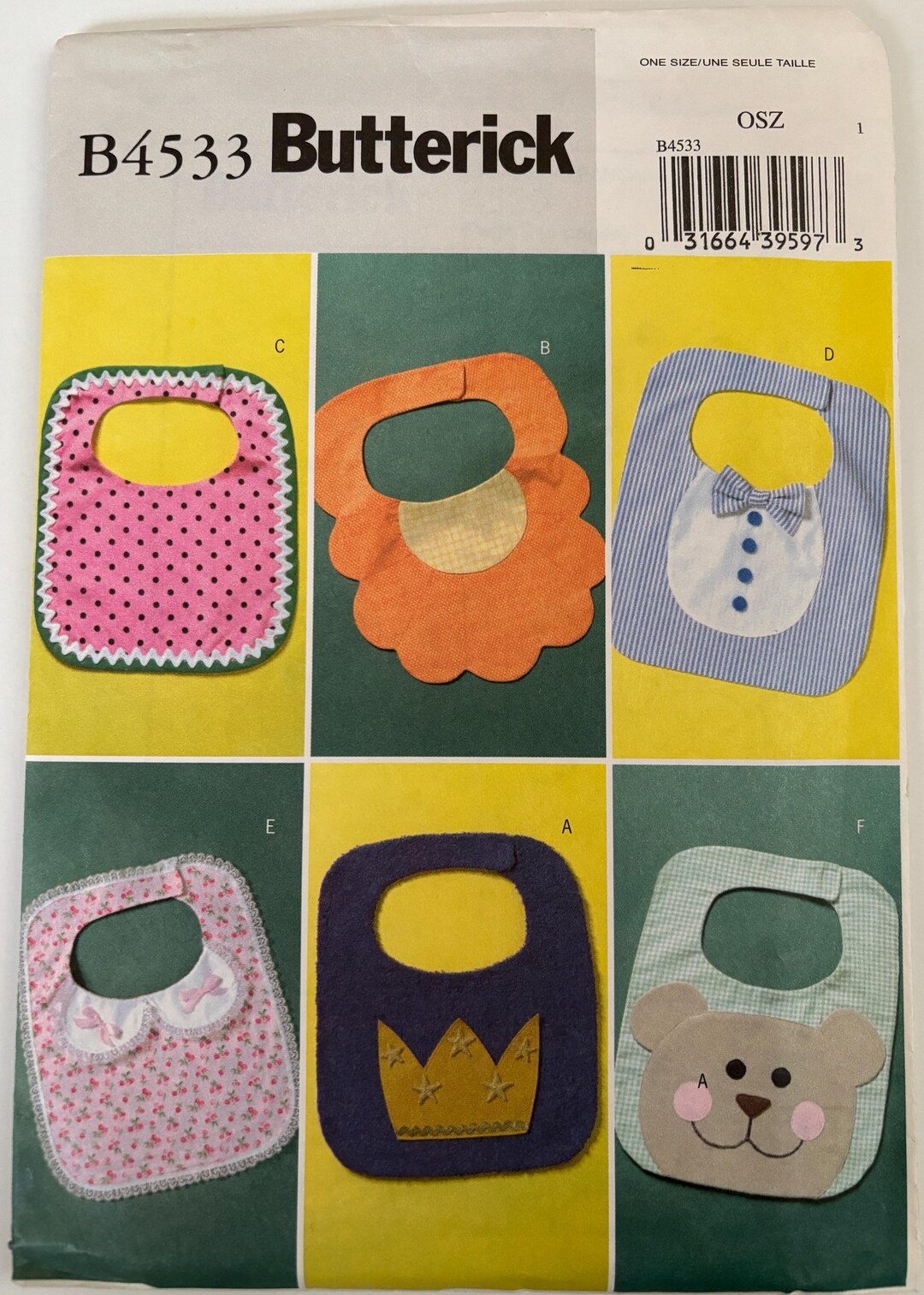 Butterick 4533 Baby Bibs, Six Designs With Appliqués & Trim 11" X 14 ...