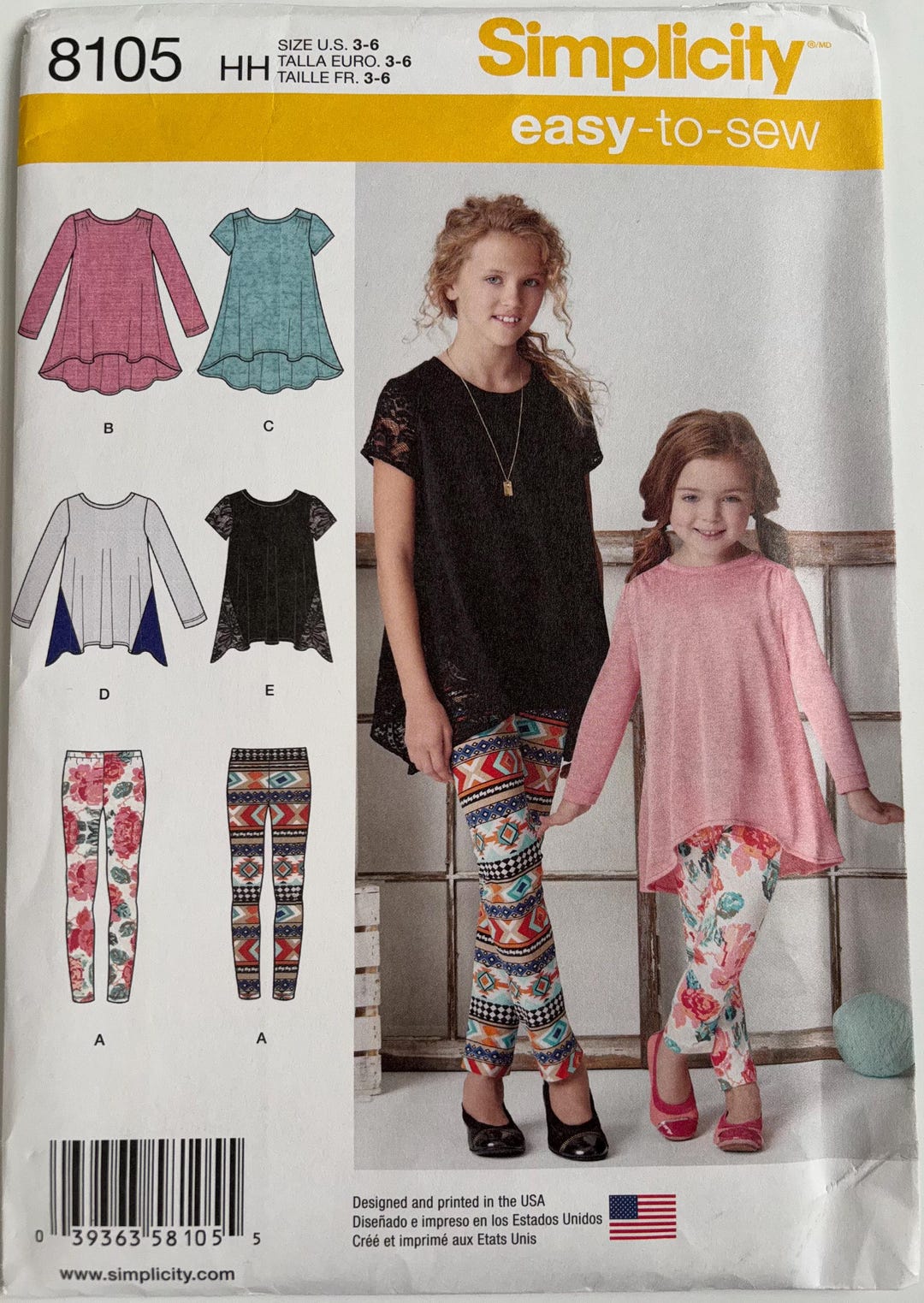 Simplicity 8105 Child's and Girls' Knit Flare Tunics & Leggings, Top W/ Sleeve, Hem, Yoke ...