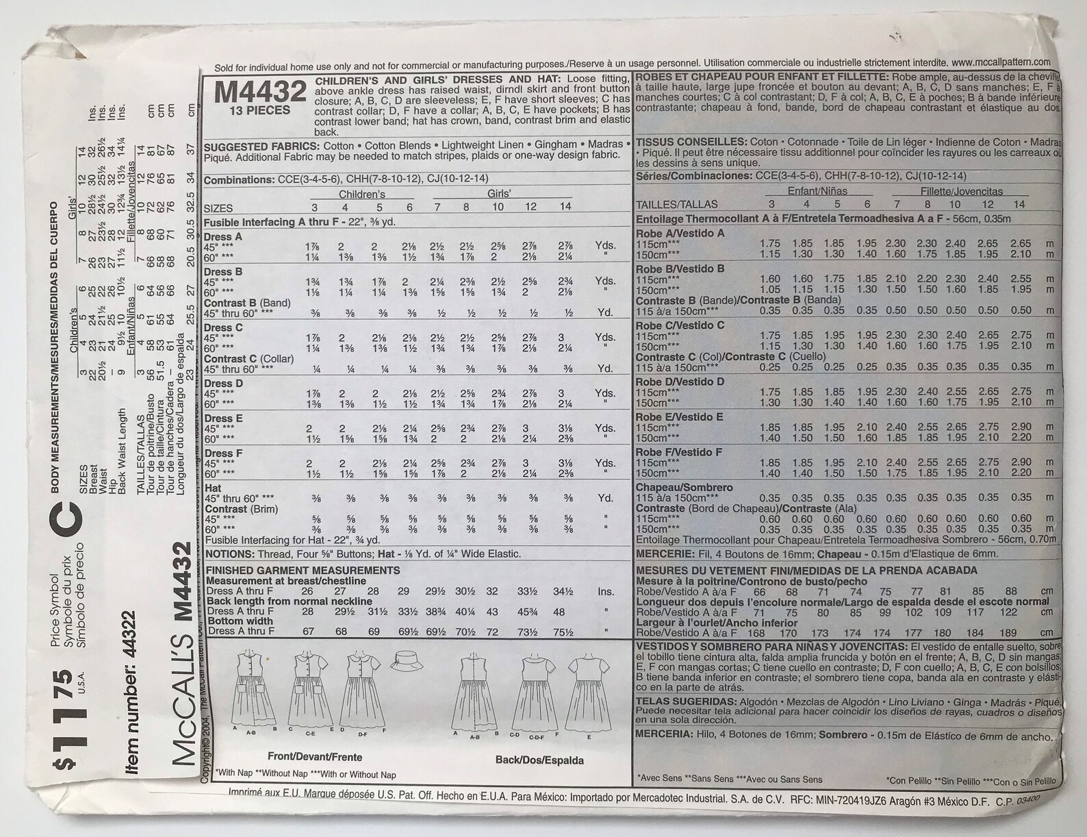 Mccall's 4432 Children's and Girls' Dresses and - Etsy