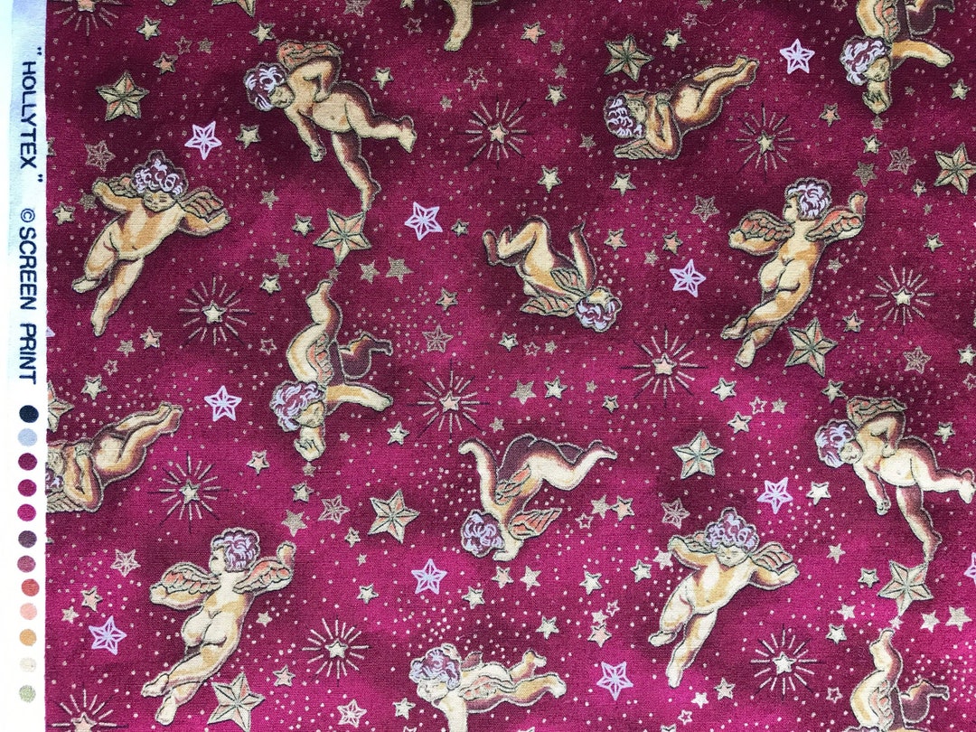 Christmas Angel and Star Print Fabric Dark Red and Golden "hollytex ...