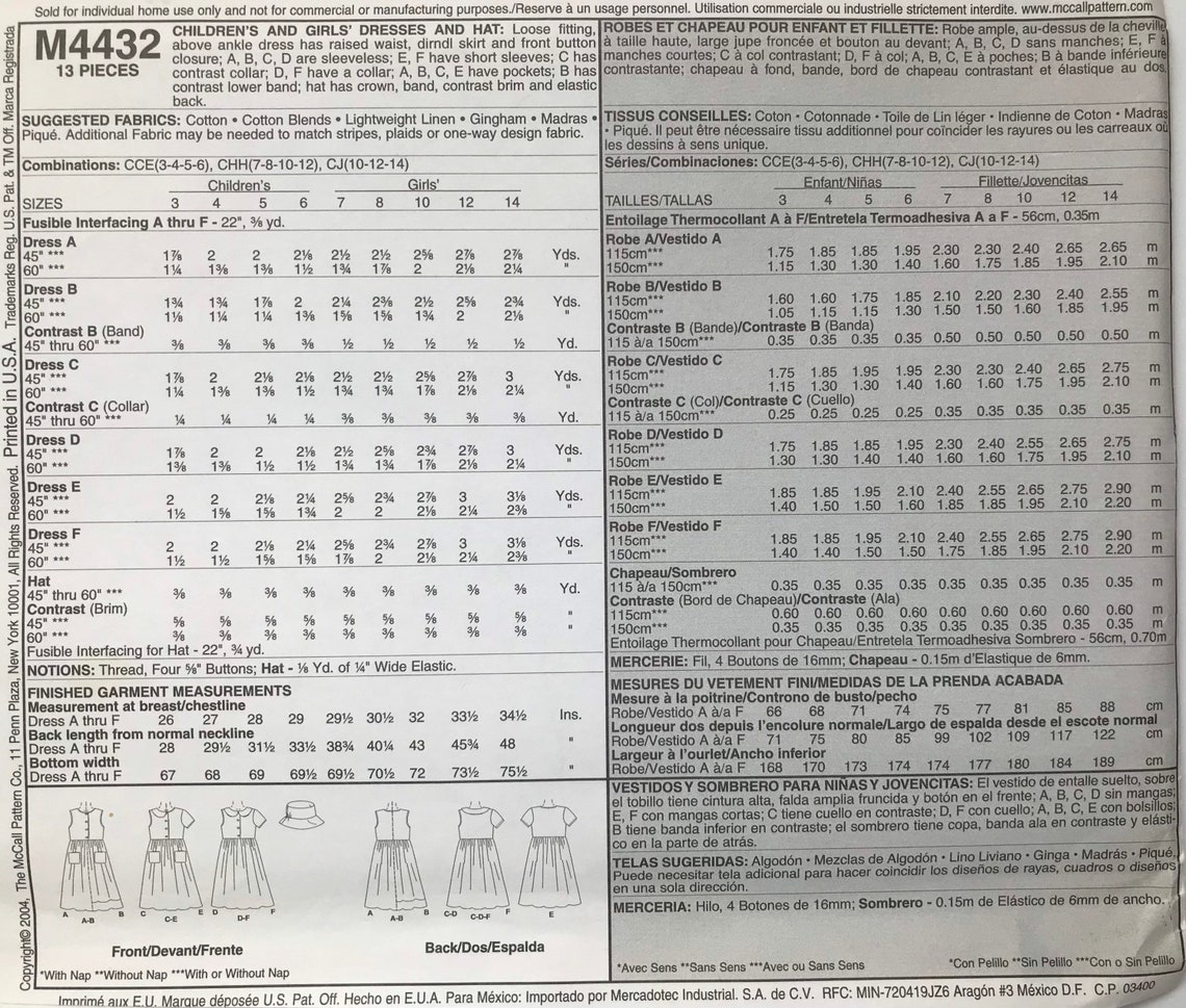 Mccall's 4432 Children's and Girls' Dresses and - Etsy