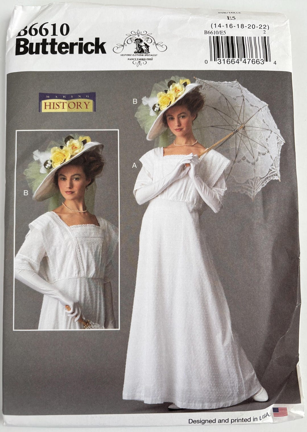 Butterick 6610 Edwardian Dress & Hat Long Empire Waist Short Sleeve ...
